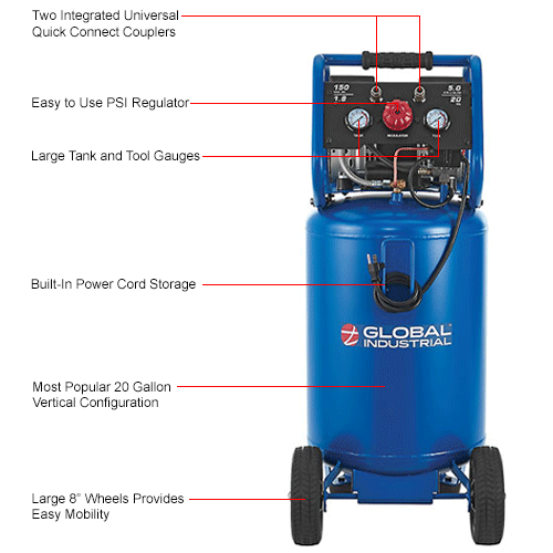 Global Industrial™ Portable Quiet Electric Air Compressor, 1.8 HP, 20 ...