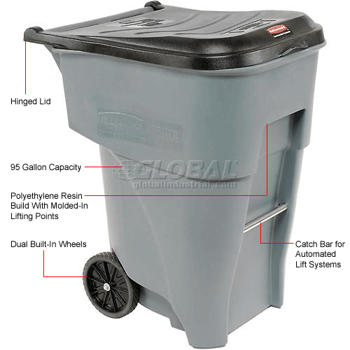 95 Gallon Rubbermaid Large Mobile Waste Receptacle - Gray With Lid ...