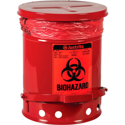 Justrite® Round Biohazard Waste Can, Steel, 6 Gallon Capacity, Red ...